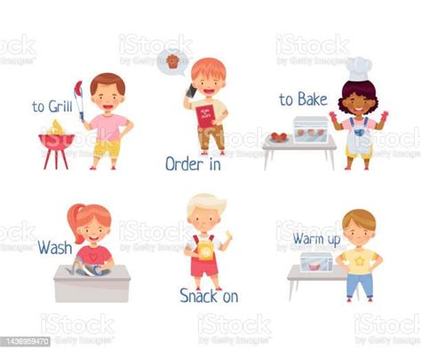 식탁에 서서 학습 동사 벡터 세트를 요리하는 어린 아이 들 아이에 대한 스톡 벡터 아트 및 기타 이미지 아이 저녁 식사 가정 주방 Istock