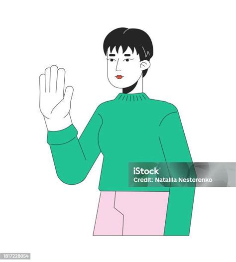 픽시 컷 한국 여자 손을 흔들며 2d 선형 만화 캐릭터 2차 도형에 대한 스톡 벡터 아트 및 기타 이미지 2차 도형 가공의 인물 다중 색상 Istock