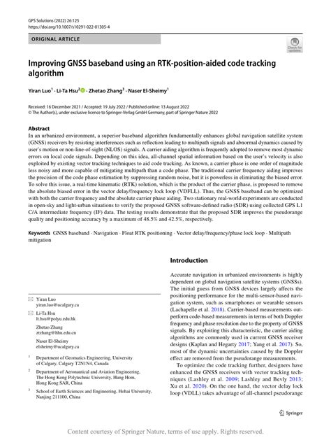 Improving GNSS Baseband Using An RTK Position Aided Code Tracking Algorithm Request PDF