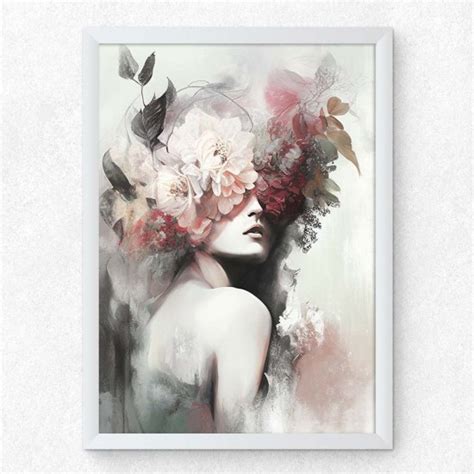Красив принт в рамка Fashion Flowers на момиче с цветя Арт декорация картина в рамка или