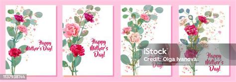 수직 어머니의 날 카드를 카네이션으로 설정 빨간색 분홍색 흰색 꽃 나 뭇 가지 ジ プ ソ フ ィ 잎 유칼립투스 디자인에 대 한 템플릿 수채화 스타일에서 빈티지 식물 그림