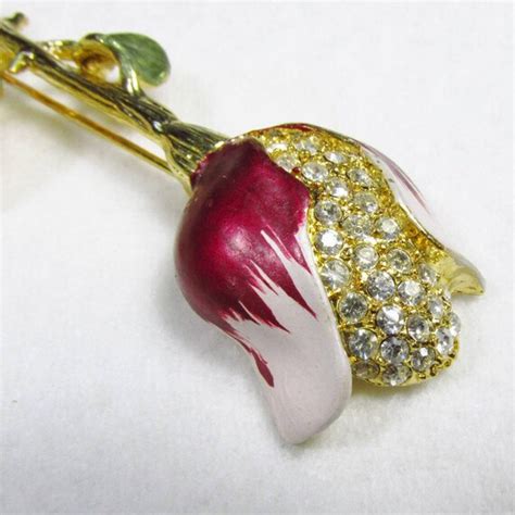 Red Enamel Rose With Tiny Rhinestones Center Brooch P Gem