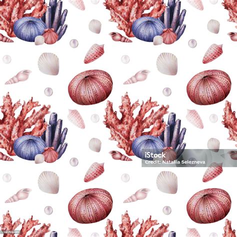 산호 성게 조개와 진주와 수채화 원활한 패턴 손으로 그림을 그리는 클립아트 수중 생물은 흰색의 고립된 배경에 있다 디자이너 장식 엽서 포장지 스크랩북 표지 초대장 웨딩