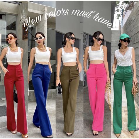 P001 กางเกงขายาว กางเกงขาม้า กางเกงเอวสูง กางเกงผู้หญิง ขาบาน งานคุณภาพ แบบใส่งานจริง