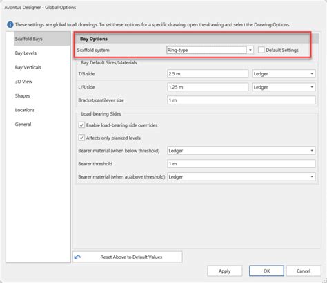 Setting Scaffold Bay Global Options