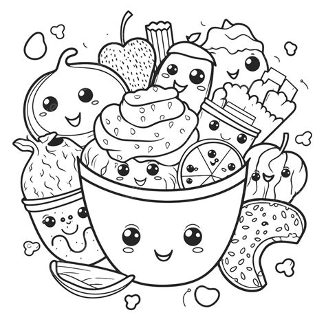 The Bowl Of Kawaii Food Coloring Page Outline Sketch Drawing Vector