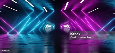 네온 형광 레이저 Led 환각 차고 우아한 미래 지향적 인 공상 과학 소설 타일 금속 바닥 및 지붕 Led 조명과 보라색과 파란색 빛나는 광선 3d 렌더링을 가진 현대