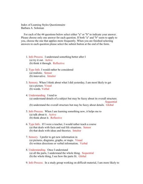 Index Of Learning Styles Questionnaire