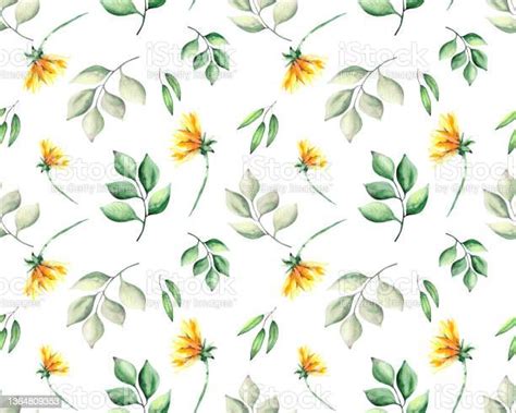노란 해바라기 꽃과 흰색 배경에 녹색 잎 식물 배경 직물 벽지 포장 및 침대 린넨을위한 수채화 원활한 패턴 0명에 대한 스톡 벡터 아트 및 기타 이미지 Istock