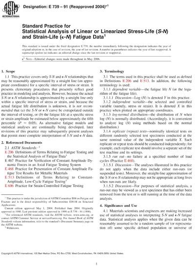 Astm E739 91 2004 E1 Standard Practice For Statistical Analysis Of Linear Or Linearized Stress