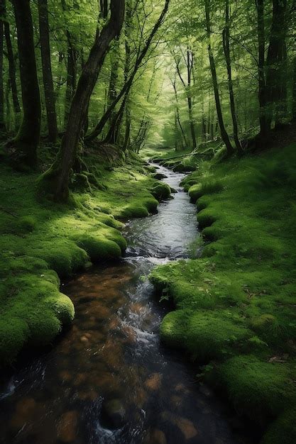 Premium Photo Colorful Green Forest With Stream