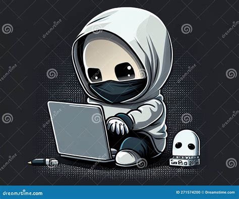 Cute Anonymous Hacker With White Hoodie Using Computer Laptop Concept Of Ethical Hacking