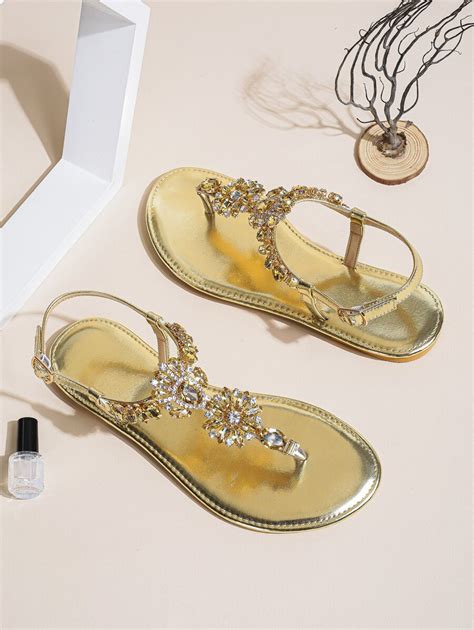 Women Metallic Rhinestone Decor Toe Post Flat Sandals Glamorous Thong Sandals For Summer