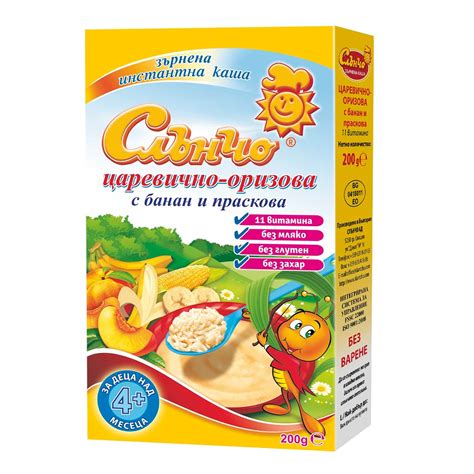 Слънчо Безмлечна царевично оризова каша с банан и праскова за деца над 4 месеца х 200 грама