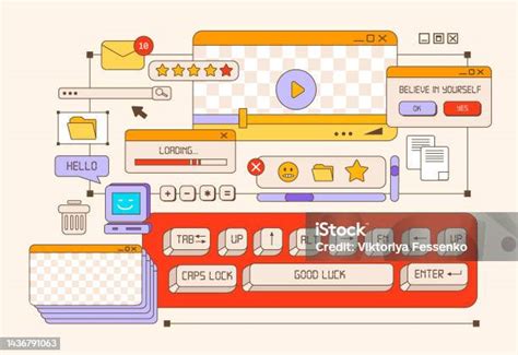 미소 얼굴과 90 년대 증기파 스타일의 복고풍 브라우저 컴퓨터 창 오래된 Pc 사용자 인터페이스 및 키보드 메시지 창 및 팝업 사용자 인터페이스 요소가 있는 데스크톱 Pc