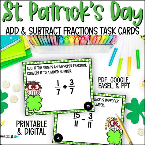 St Patricks Day Adding And Subtracting Fractions Task Cards Curious Classroom Adventures