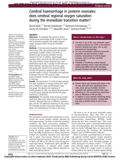 Pdf Cerebral Haemorrhage In Preterm Neonates Does Cerebral Regional Oxygen Saturation During