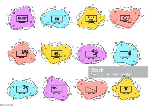 흰색 배경에 고립 된 컬러 버블 모양에 스마트 Tv 글리프 벡터 아이콘 웹 디자인 모바일 앱 및 Ui 디자인을위한 스마트 Tv 아이콘 세트 Hd 포맷에 대한 스톡 벡터 아트