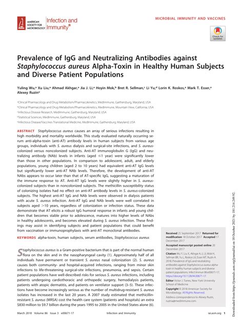 Pdf Prevalence Of Igg And Neutralizing Antibodies Against Staphylococcus Aureus Alpha Toxin In