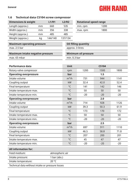 16 Technical Data Cs104 Screw Compressor General Pdf Pressure
