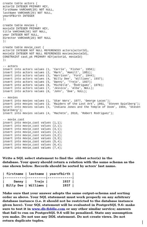 Solved Create Table Actors Actorid INTEGER PRIMARY KEY Chegg Com