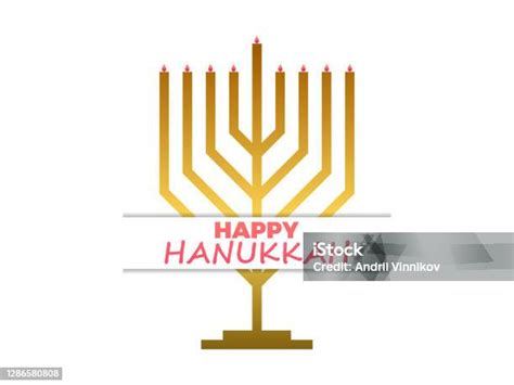 해피 하누카 흰색 배경에 고립 된 아홉 촛불을 가진 황금 메노라 유대인 축제 인사말 카드 벡터 일러스트레이션 0명에 대한 스톡 벡터 아트 및 기타 이미지 Istock
