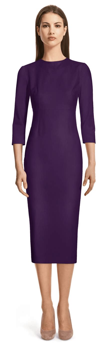 Dark Purple 34 Sleeve Crew Neck High Waisted Sheath Midi Dress Sumissura