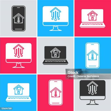 집 온도와 휴대 전화를 설정 스마트 홈 및 노트북스마트 집과 전구 아이콘컴퓨터 모니터 벡터 0명에 대한 스톡 벡터 아트 및 기타 이미지 Istock