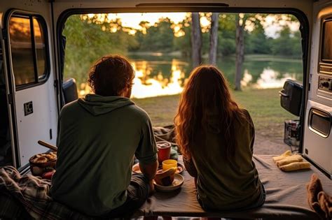 Premium Ai Image Couple Having Breakfast In Camper Weekend Vacations