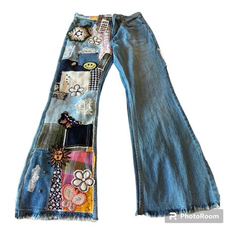 Authentic 1970s Vintage Hippy Patchwork Jeans Mended Patched And