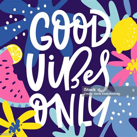 영감 따옴표 좋은 바이브만 필기 의욕 포스터 여름 시즌에 흰색 제목과 화려한 열 대 요소와 여름 디자인 벡터 일러스트입니다 여름에 대한 스톡 벡터 아트 및 기타 이미지