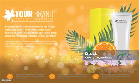 오렌지 화장품 제품 광고 포스터 템플릿입니다 화장품 미용 이랑입니다 꽃과 팜 리프 크림 튜브 패키지입니다 벡터 일러스트입니다 3차원 형태에 대한 스톡 벡터 아트 및 기타