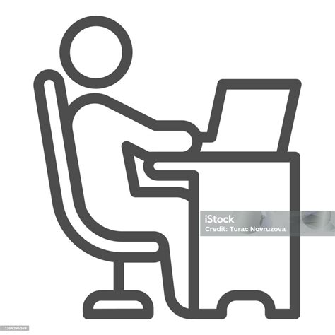 노트북 라인 아이콘 코워킹 컨셉 흰색 배경의 랩톱 사인에서 일하는 프리랜서 윤곽선 스타일로 컴퓨터 아이콘을 작업하는 사업가가