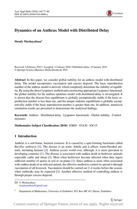 Dynamics Of An Anthrax Model With Distributed Delay Request Pdf