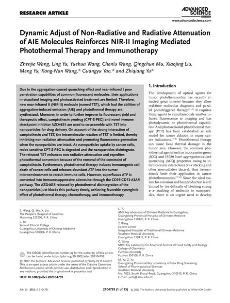 Pdf Dynamic Adjust Of Non‐radiative And Radiative Attenuation Of Aie Molecules Reinforces Nir