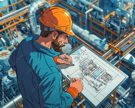 Cartoon Engineer With Pencil Midsketch High Angle Bustling Factory Floor Machinery Hum