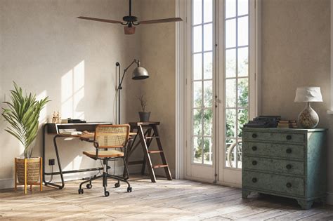 서재 테이블 플로어 램프 서랍 타이프스크립트 및 화분이 있는 복고풍 거실 서재에 대한 스톡 사진 및 기타 이미지 서재 책상 거실 Istock