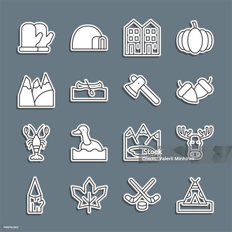 세트 라인 인디언 천막 또는 Wigwam 뿔이 달린 무스 머리 도토리 집 카약 카누 산 크리스마스 장갑 및 나무 도끼 아이콘 벡터 기에 대한 스톡 벡터 아트 및 기타 이미지