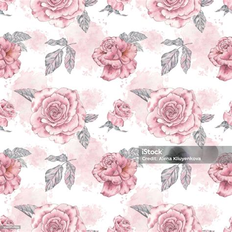 수채화 꽃 장미 분홍색 나뭇잎 빈티지 손 그림 그림 식물 Stiyle와 완벽 한 패턴 디자인 결혼식 초대장 Greating 엽서 벽지 직물 배경에 대 한 아트 프린트