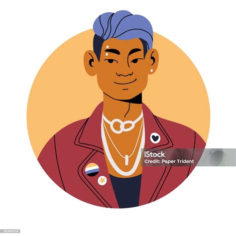 패션 젊은이 얼굴 아바타 보석 피어싱 염색 머리 웃는 감정을 가진 현대적인 트렌디한 멋진 아시아 남자 동그랗게 뻗은 머리 초상화 흰색 배경에 분리된 플랫 벡터 그림 개인