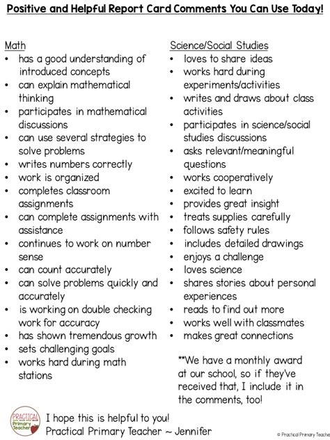 Report Card Comments For Learners