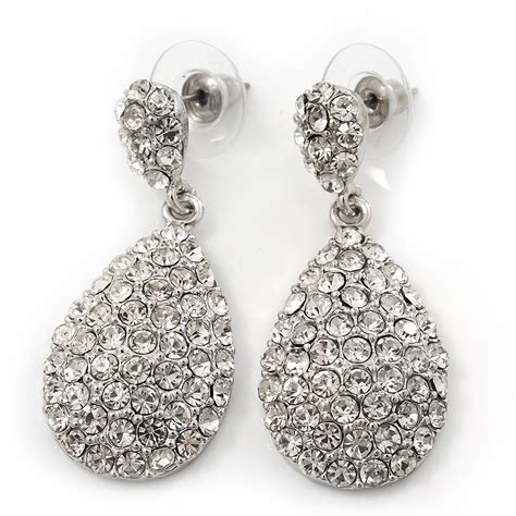 Bridal Clear Diamante Teardrop Earrings In Rhodium Plating 4cm Length