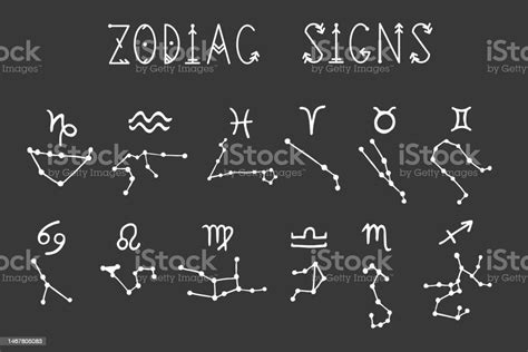 조디악의 표지판과 별자리의 이미지 세트 검은색 배경에 흰색 윤곽 그리기 점성술의 주제에 벡터 컬렉션 개체 그룹에 대한 스톡 벡터 아트 및 기타 이미지 Istock
