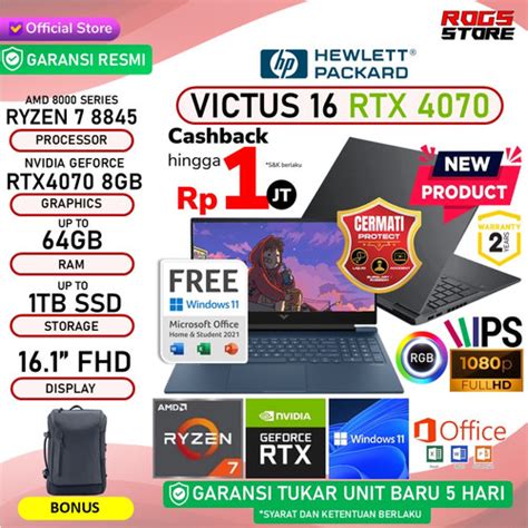 Promo Hp Victus 16 Amd Ryzen 7 8845hs Rtx4070 64gb 1tb Ssd W11 Ohs 16 1fhd 165hz Rgb 2y Adp