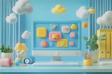 3d Image Showing Office Environment Computer Screen Ui Design Interface And Computer Display