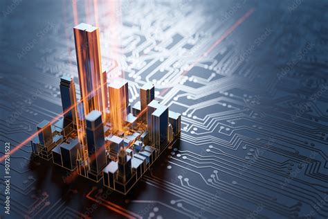 City On A Circuit Board With Beautiful Hi Tech Light Effects And Copy