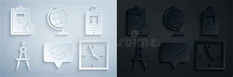 Set Graduation Cap In Speech Bubble Identification Badge Drawing Compass Clock Earth Globe