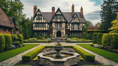 A Stunning Tudor Mansion With A Lush Garden Premium Ai Generated Image