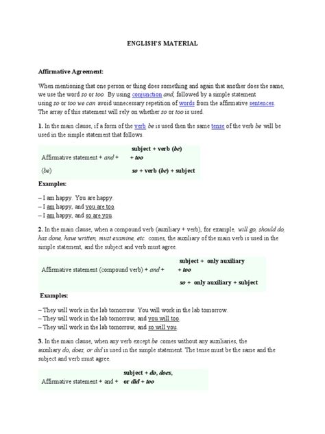 English Material Affirmative Agreement Pdf Verb Linguistics
