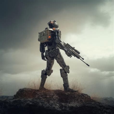 Premium Ai Image Futuristic Robot Soldier With Assault Rifle On Top